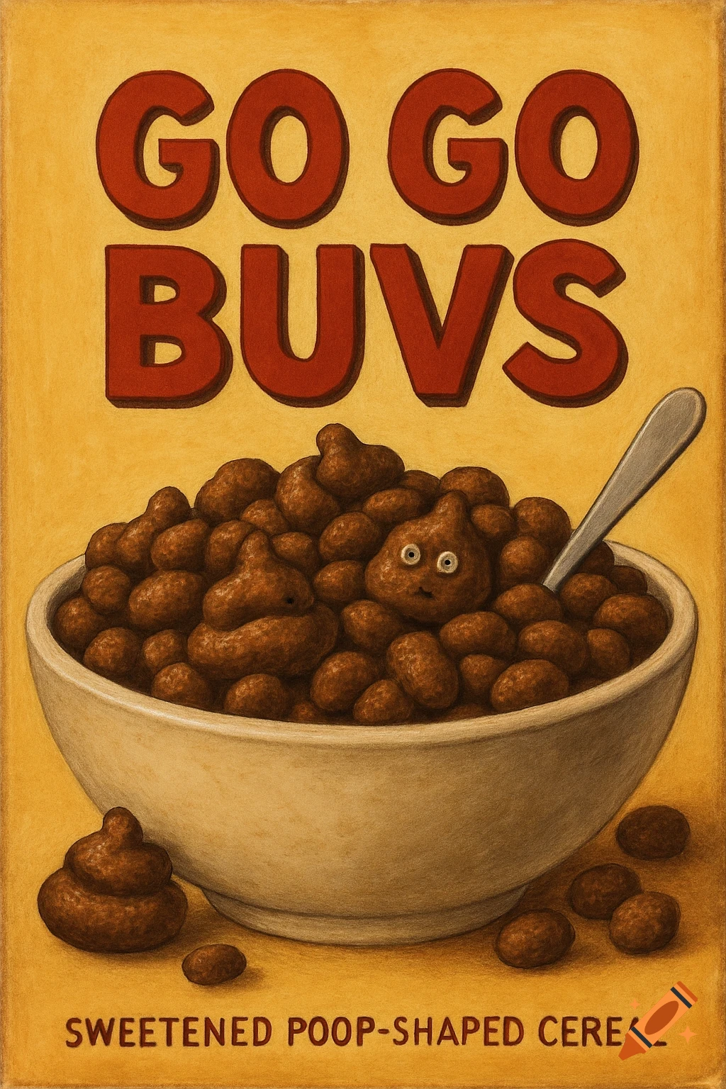 A vintage-style illustration of a bowl of brown, poop-shaped cereal ...