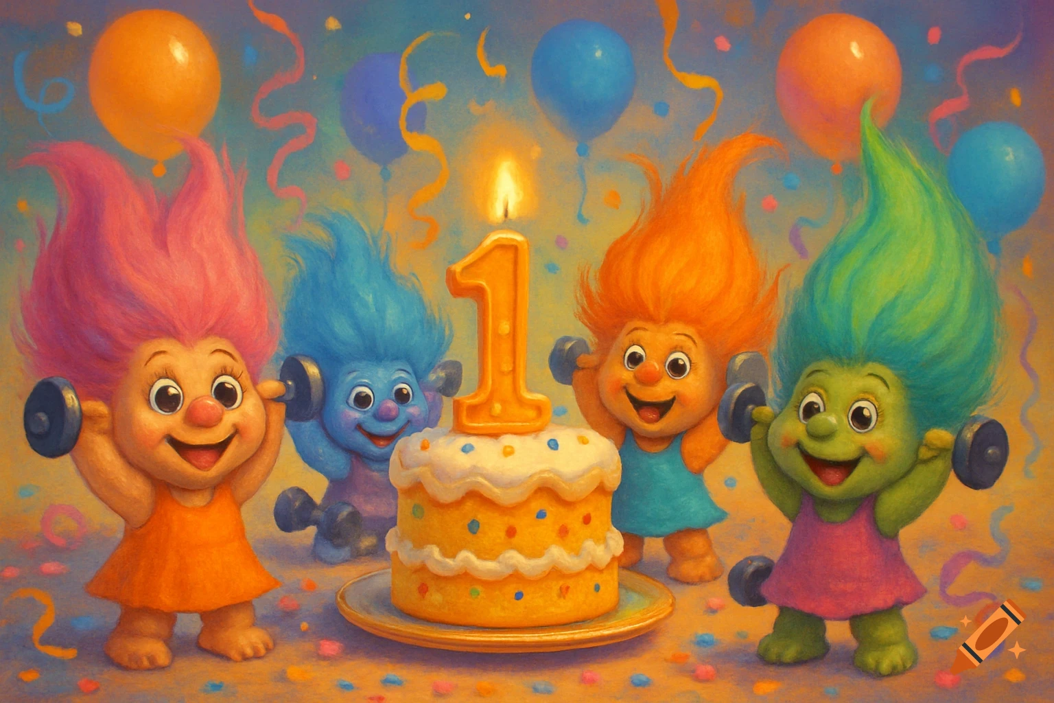 Whimsical scene of colorful troll dolls with wild hair lifting weights ...