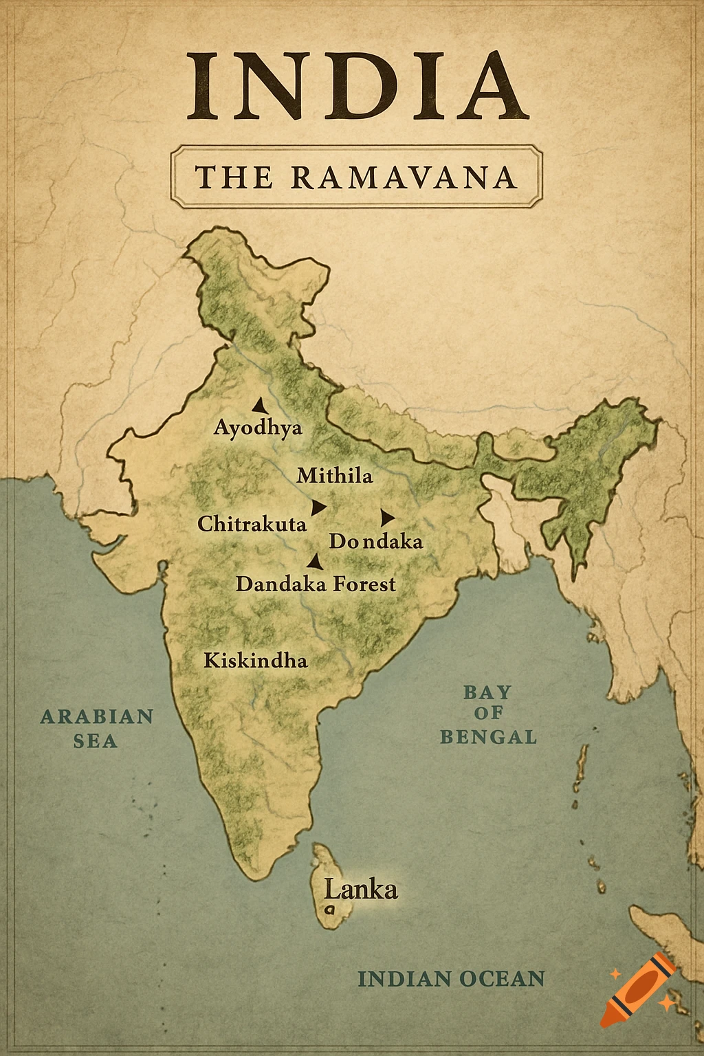 A vintage-style map of India with green shaded regions and labels for ...