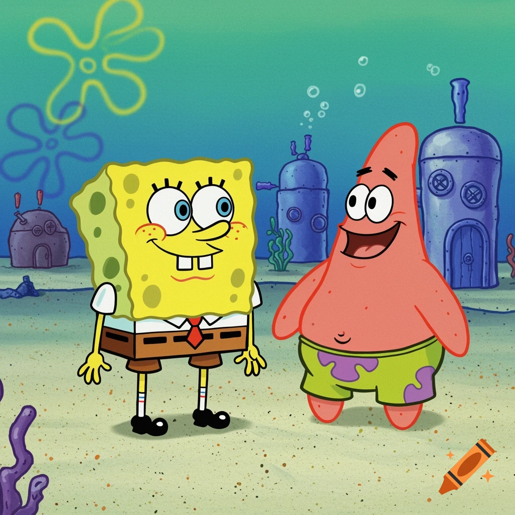 SpongeBob SquarePants and Patrick Star smile while standing on the ...