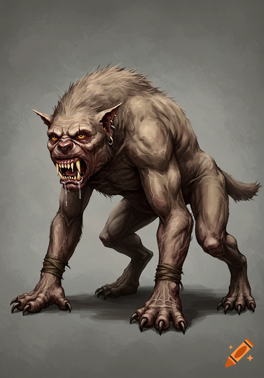 A ferocious, muscular, brown-furred werewolf-like beast stands on all ...