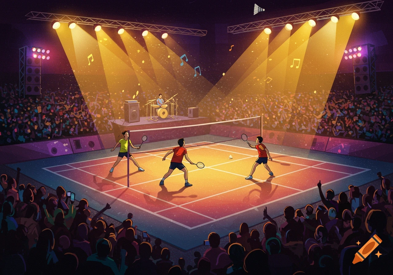 Vibrant illustration of a badminton match in a brightly lit arena ...