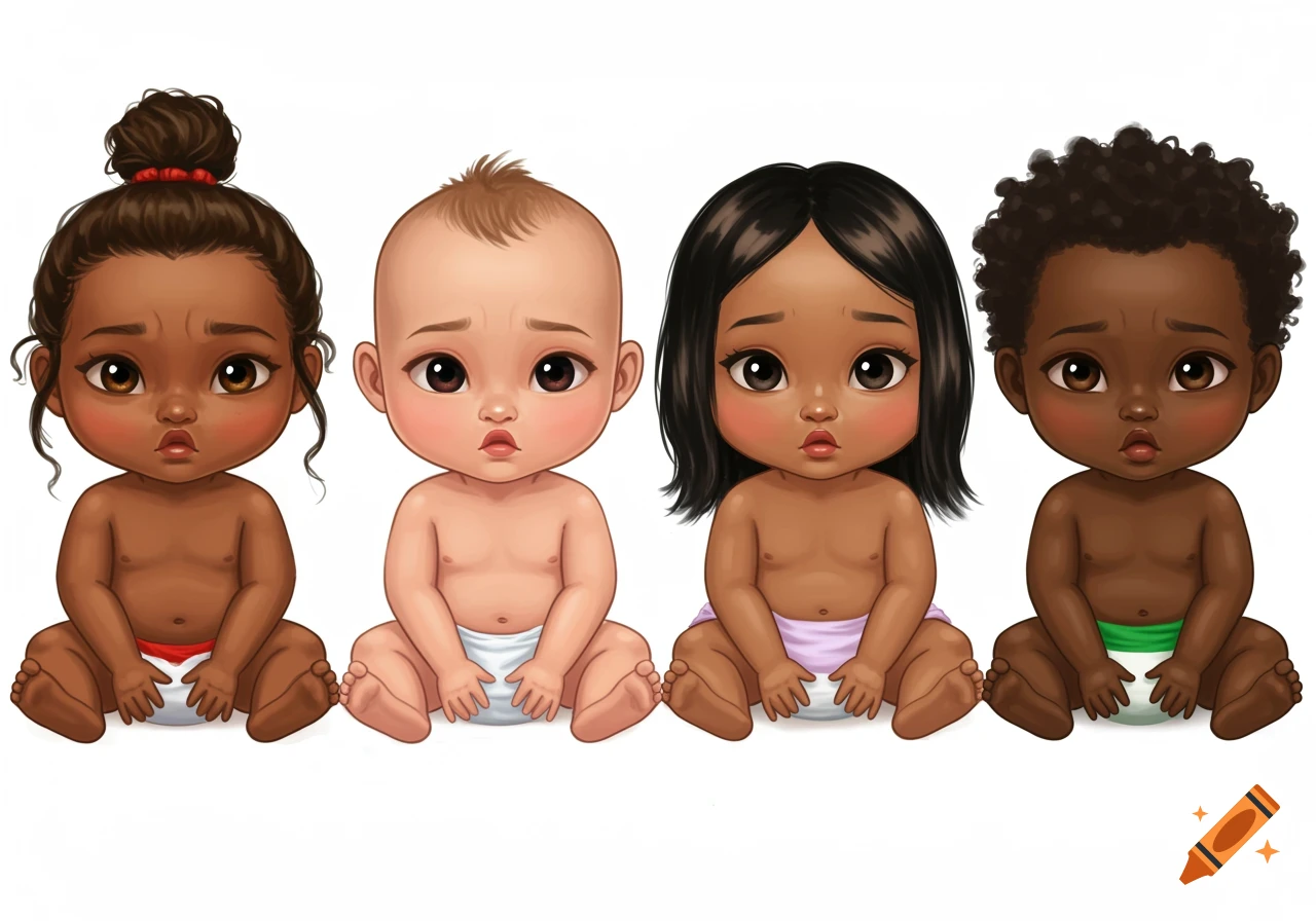 Four cute illustrated babies with diverse skin tones and hair sit side ...