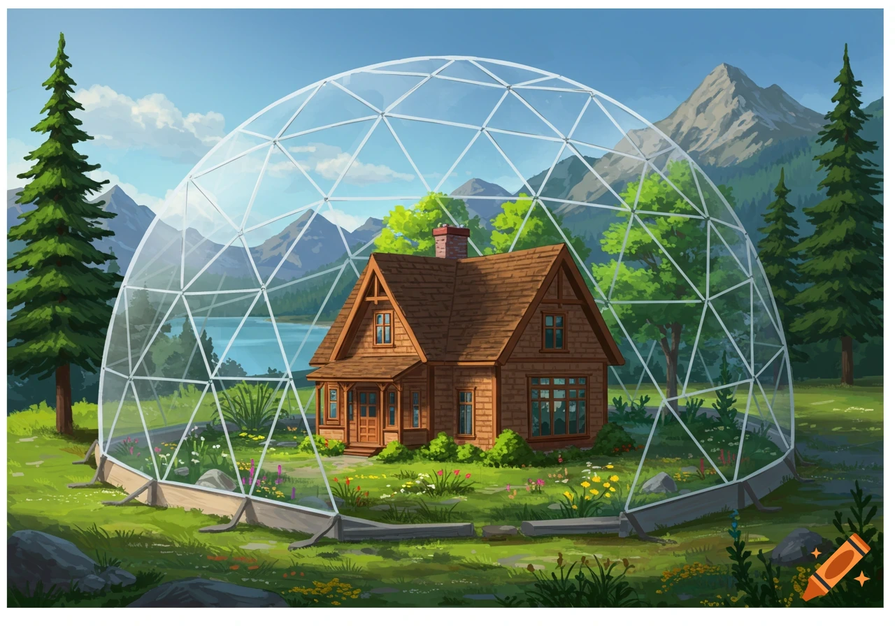 An illustrated wooden house under a clear geodesic dome in a green ...