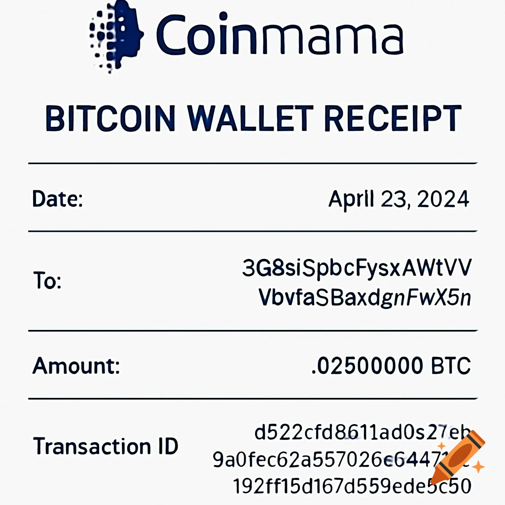A white digital receipt for a Bitcoin wallet transaction from Coinmama ...
