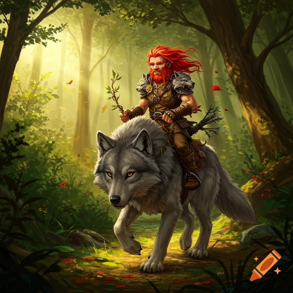 A red-haired dwarven druid rides a grey wolf through a sunlit, green ...