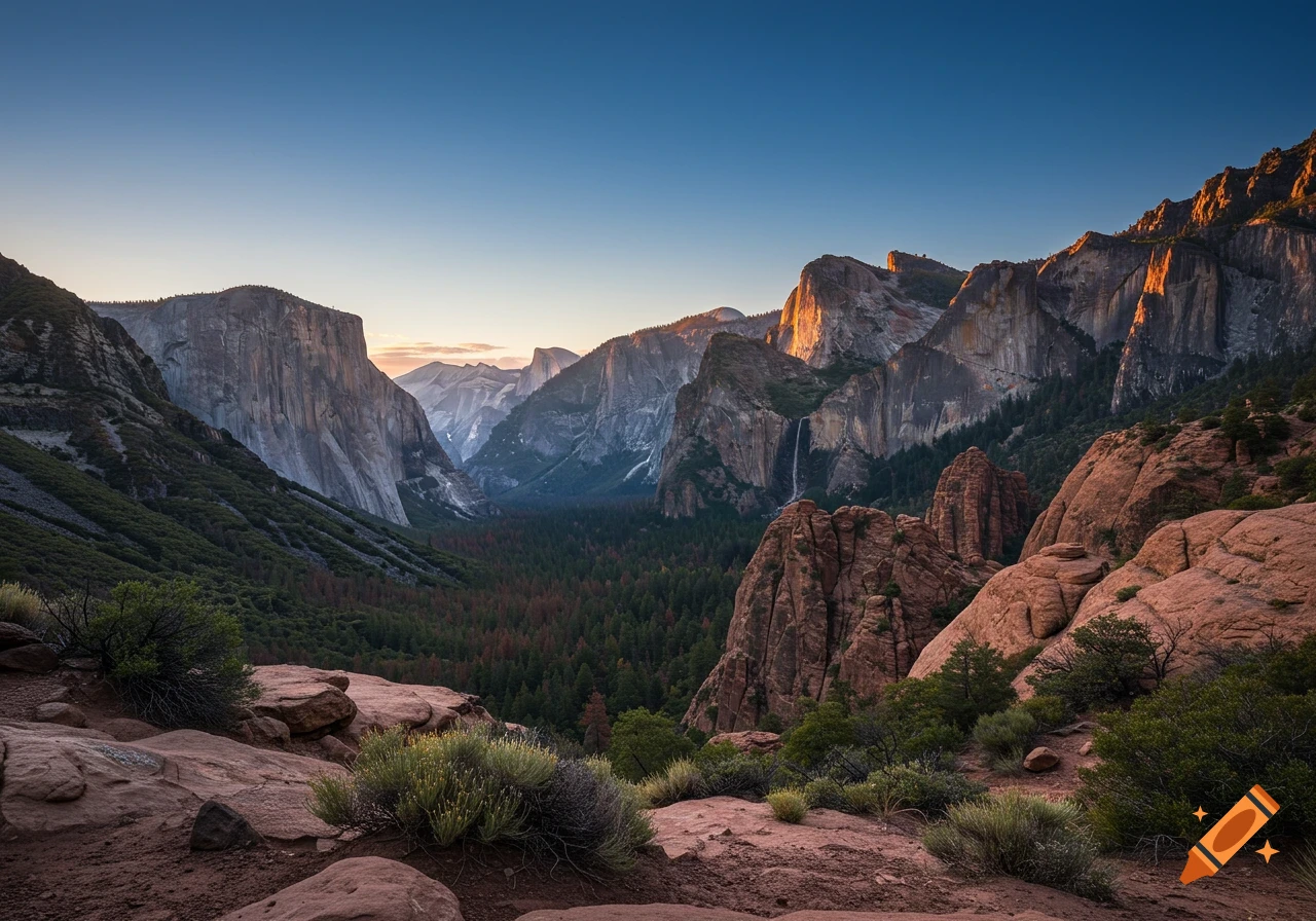 Panoramic view of a vast valley with towering rock formations, a dense ...