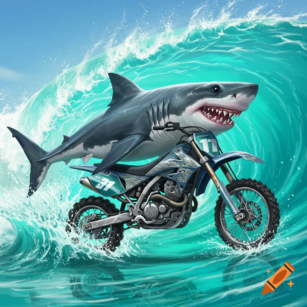 A stylized illustration of a great white shark riding a blue dirt bike ...