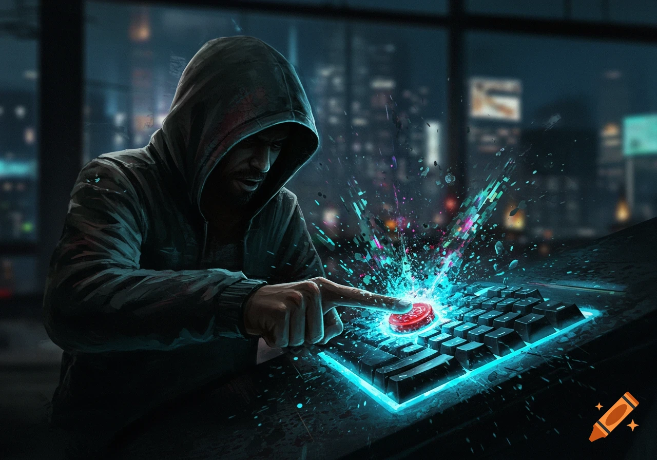A hooded figure presses a red button on a glowing keyboard, generating ...