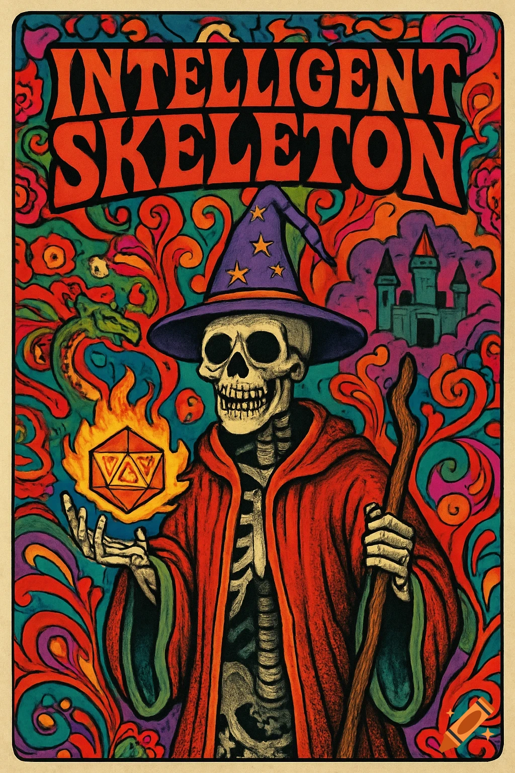 A psychedelic album cover for 'Intelligent Skeleton' featuring a wizard ...