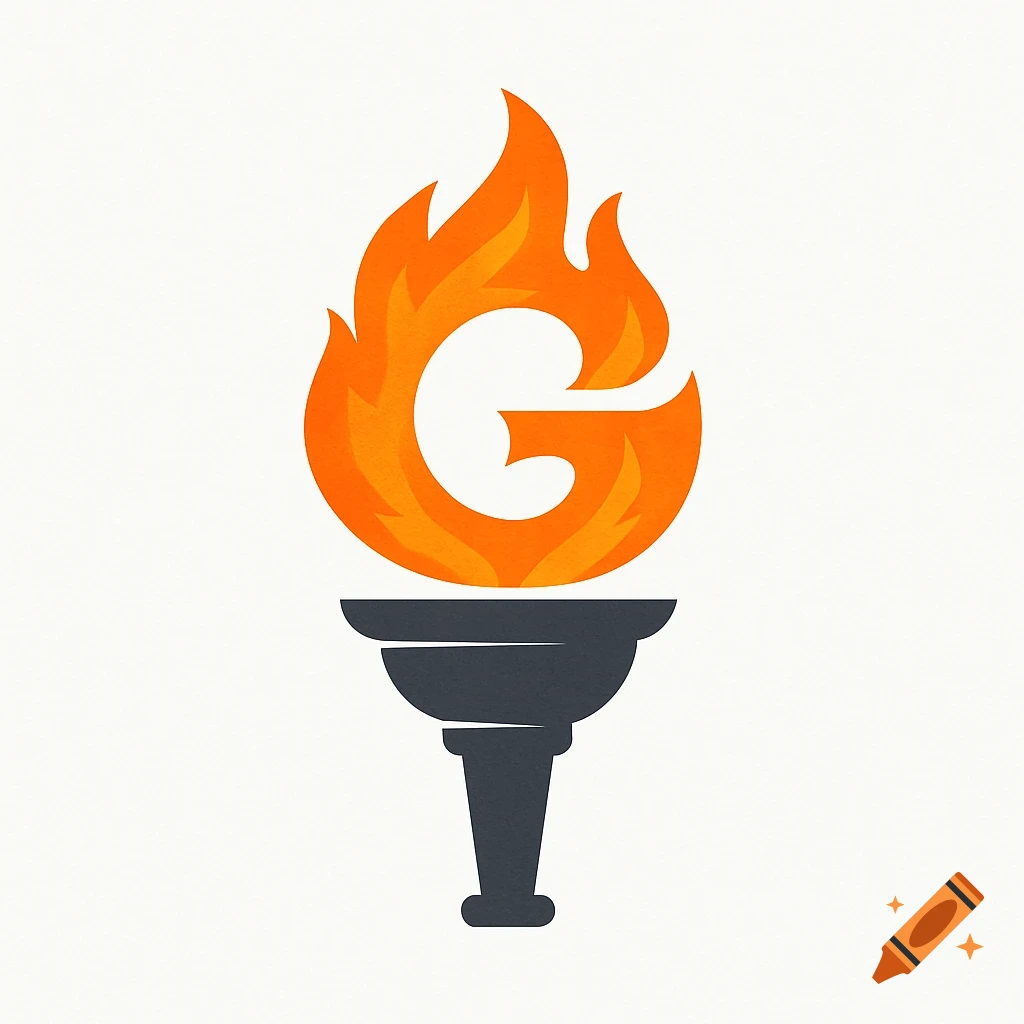 A stylized logo of a dark gray torch with orange fire flames in the ...