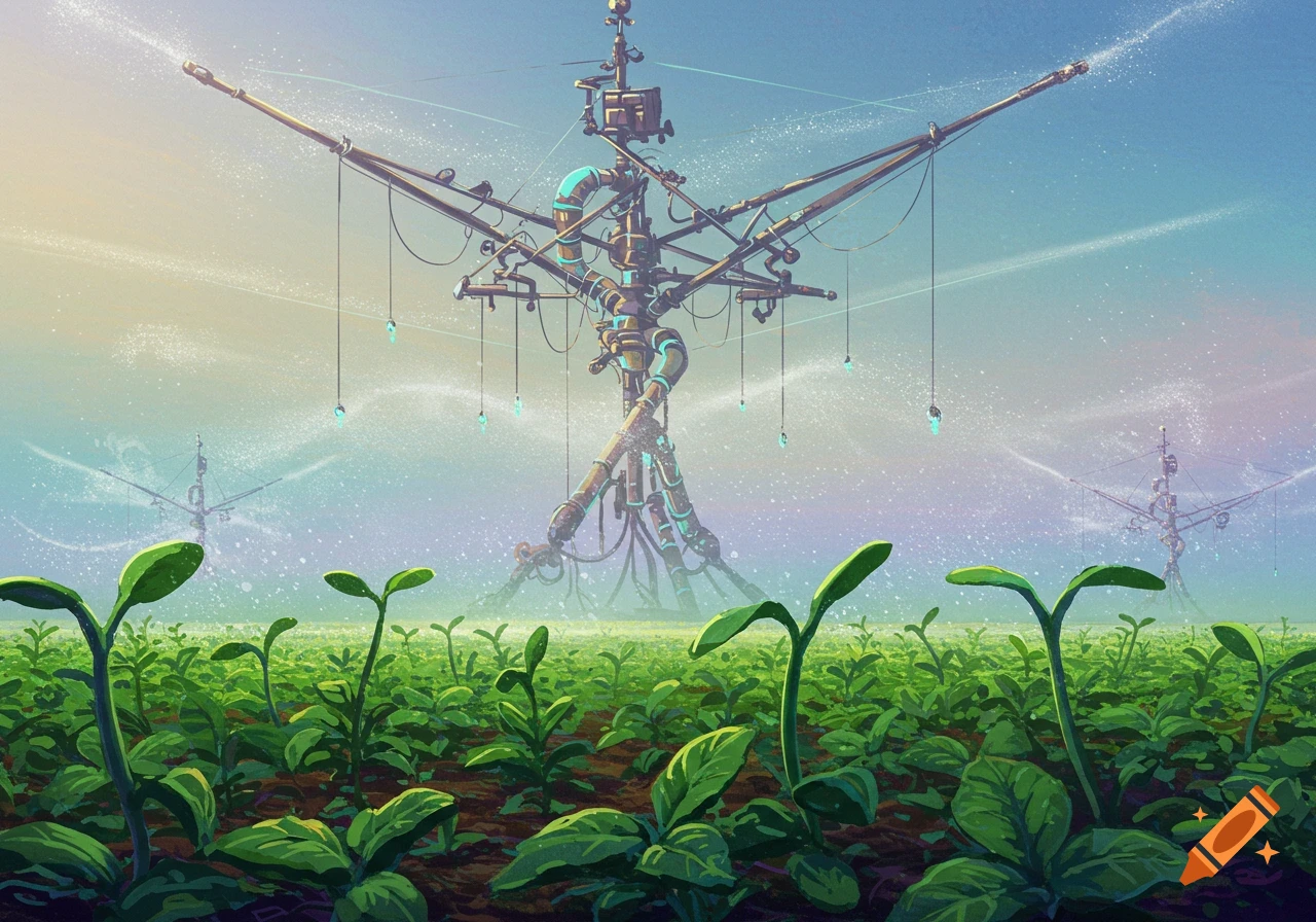 A large, intricate mechanical sprinkler waters a field of green sprouts ...