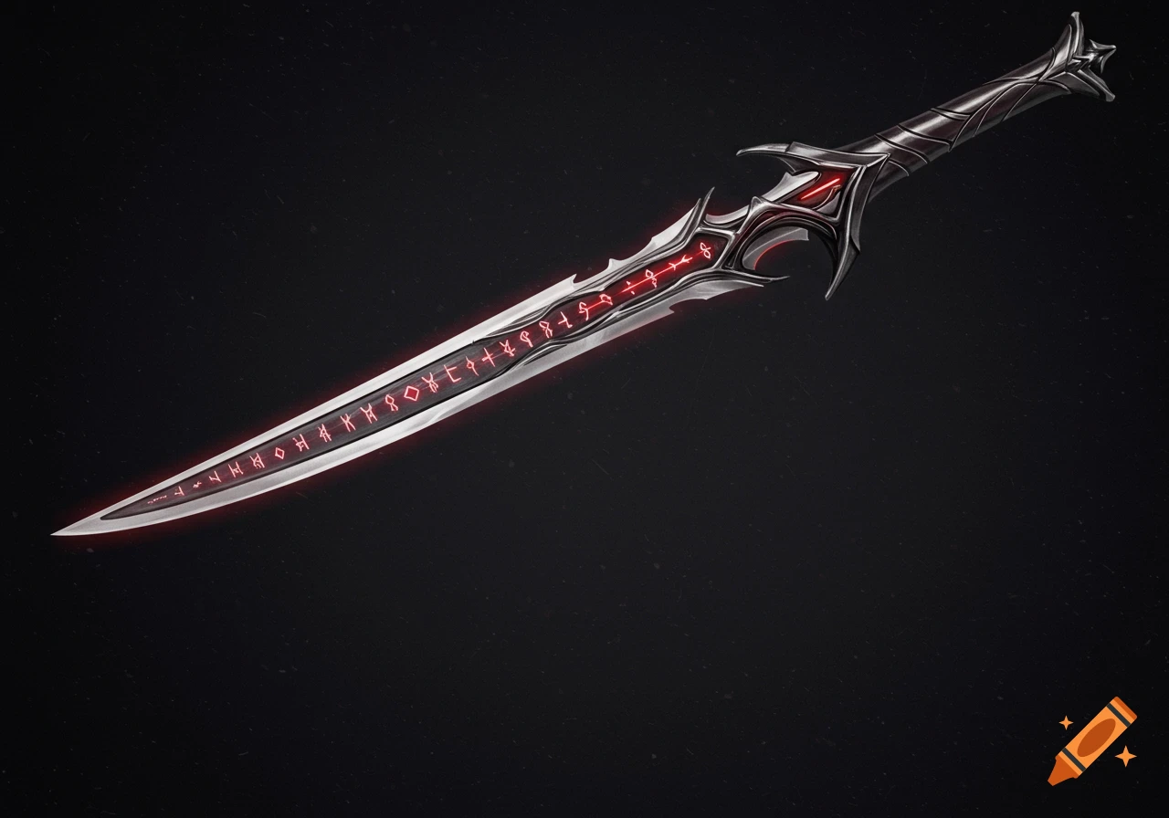 A stylized dark fantasy sword with a curved silver blade etched with ...