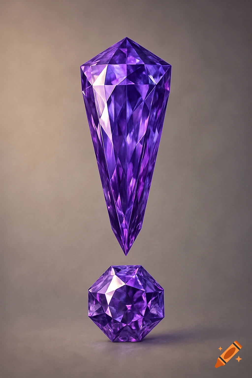 A large, purple, faceted gem shaped like an exclamation mark, floating ...