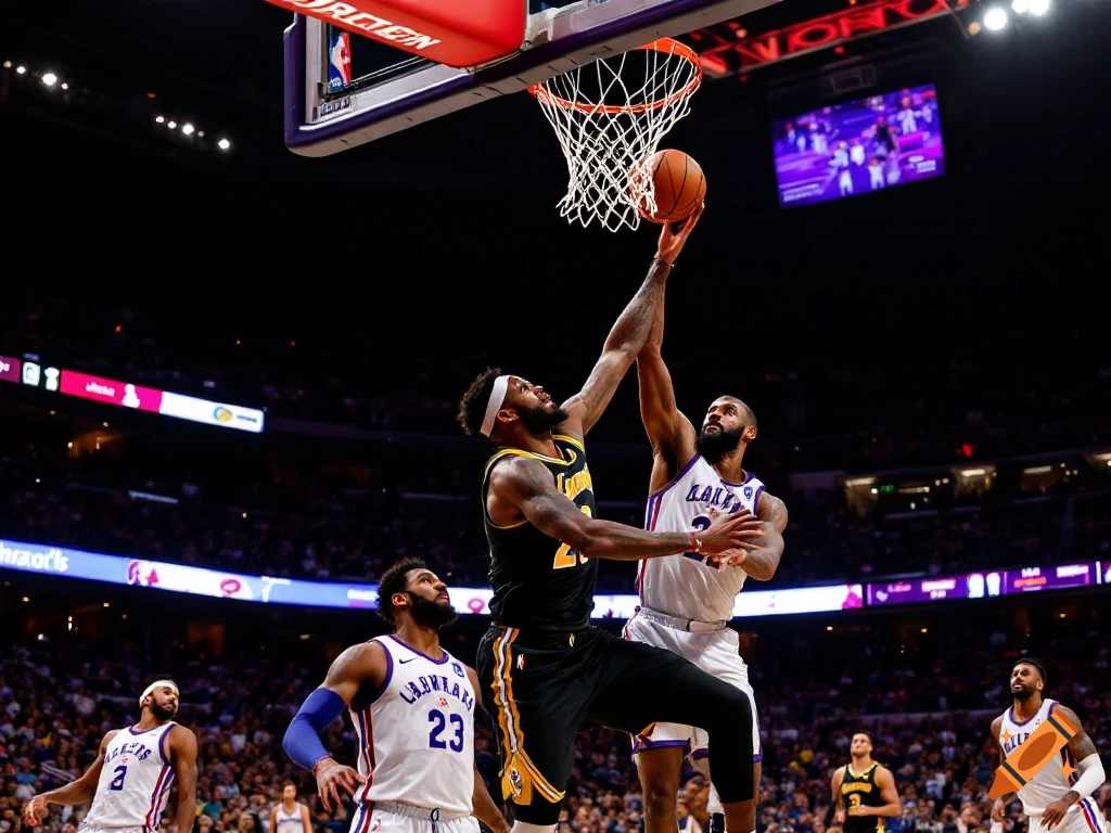 Two basketball players in mid-air reaching for a basketball at the hoop ...
