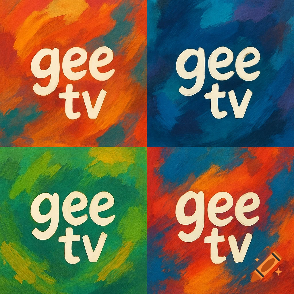 Four squares, each with 'gee tv' in white text on a colorful, abstract ...
