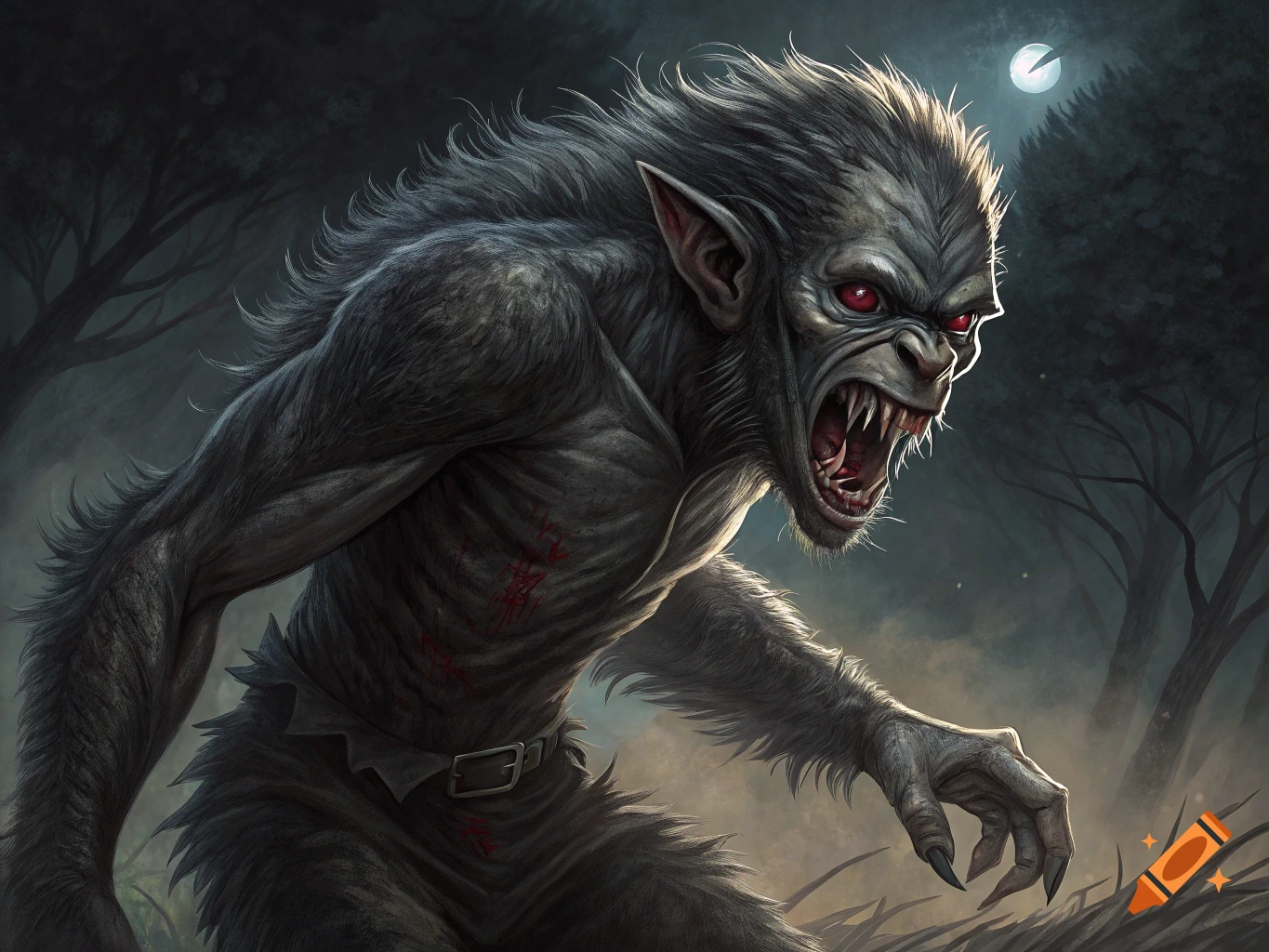 A snarling gray monster with glowing red eyes and sharp teeth in a dark ...
