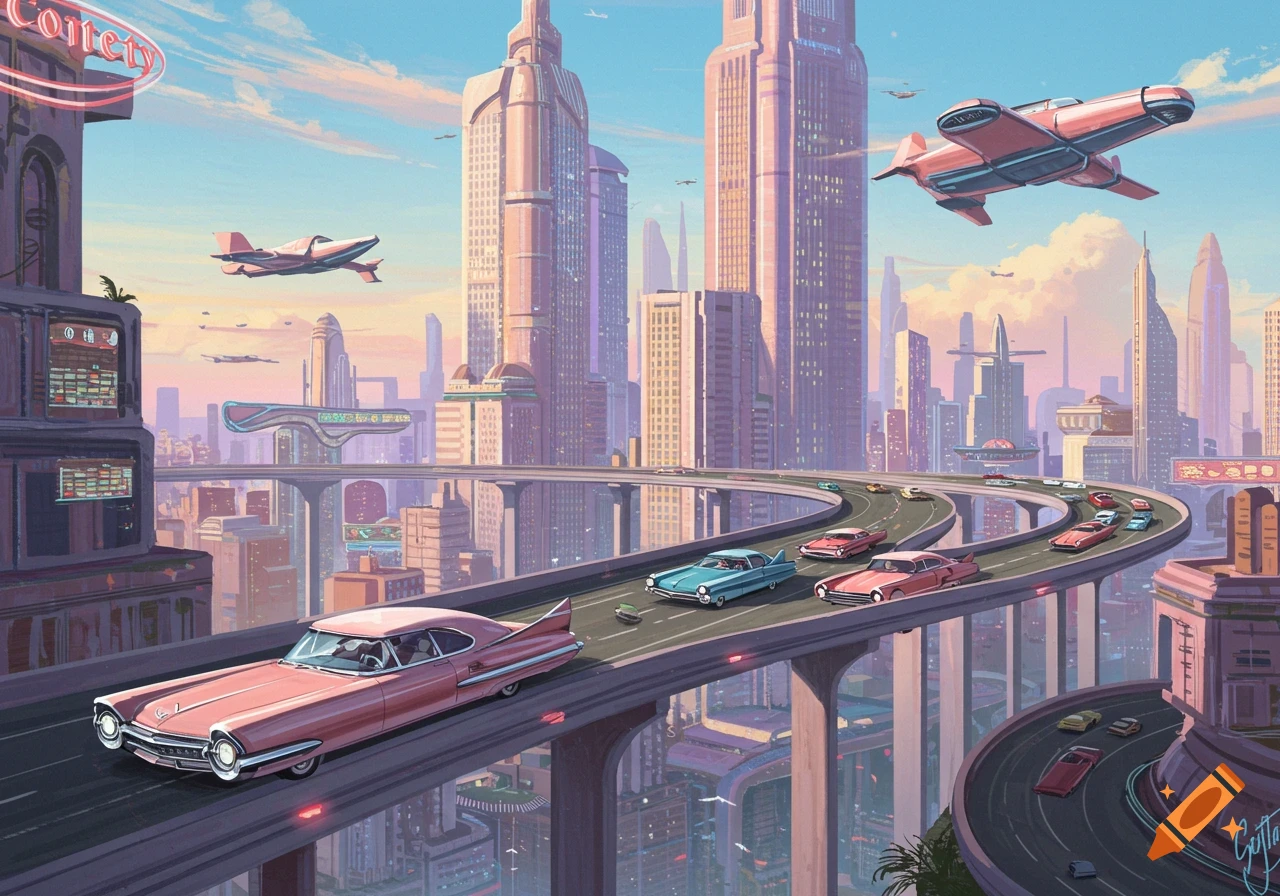 A retro-futuristic cityscape features elevated highways with classic ...
