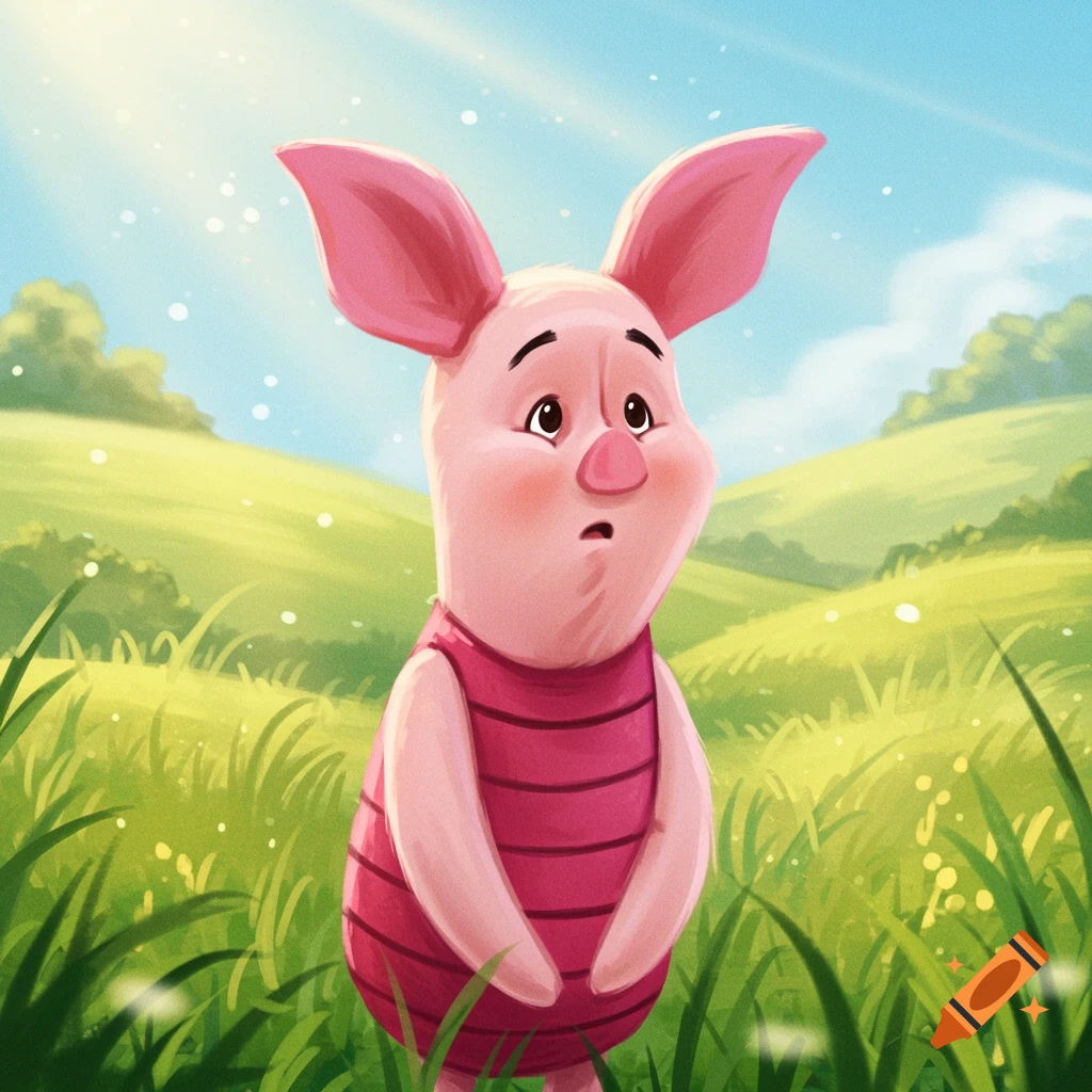 A sad-looking Piglet from Winnie the Pooh stands in a sunny, green ...