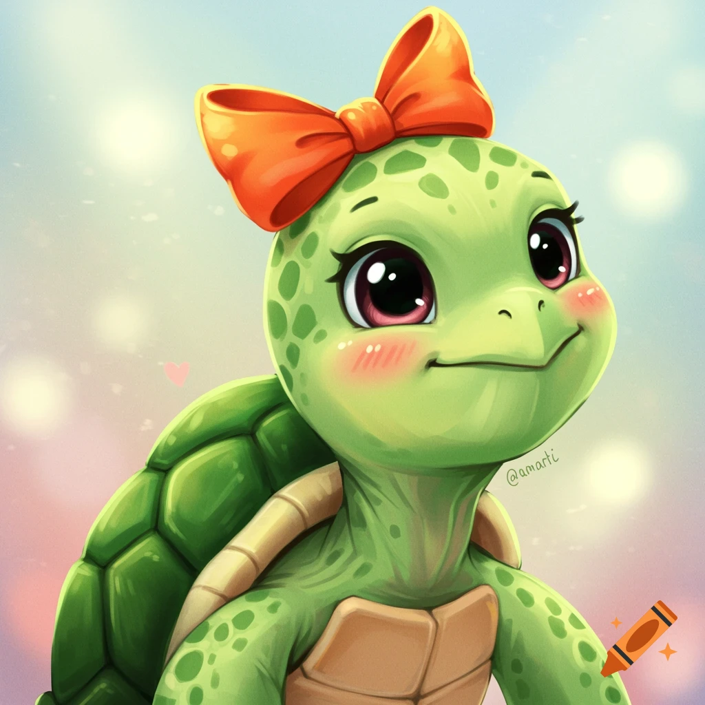 A cute anime-style baby green turtle with big eyes and an orange bow on ...