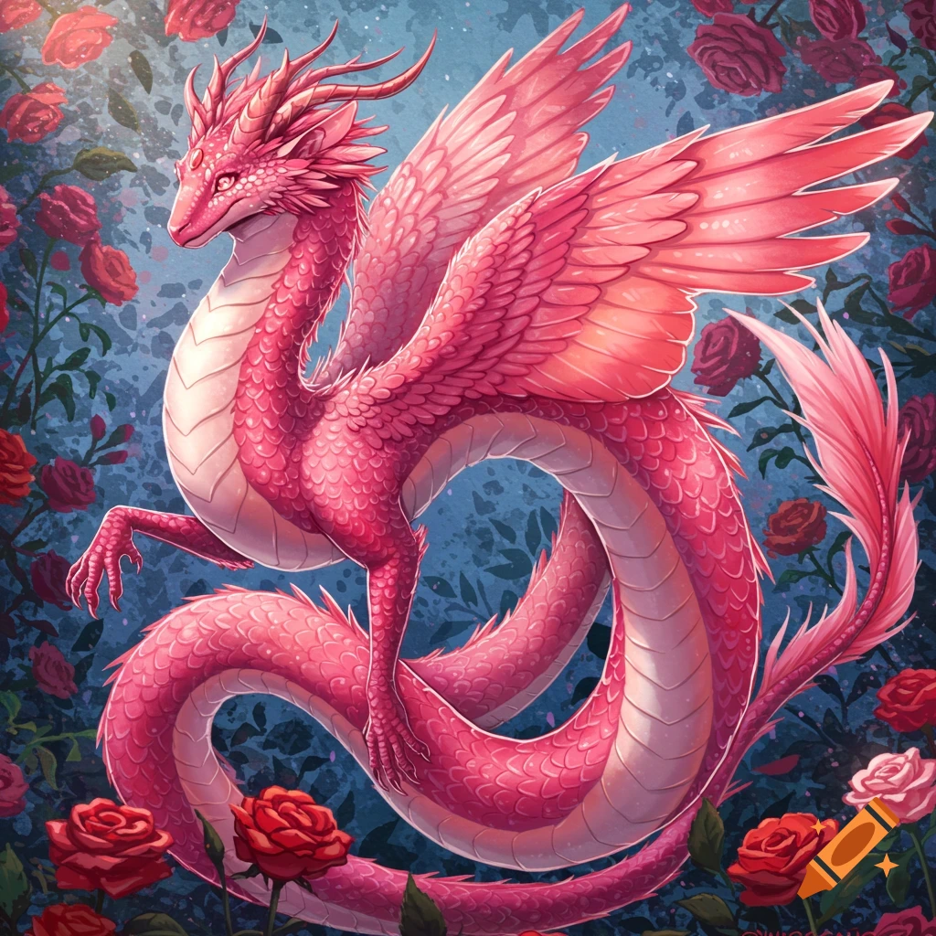 A vibrant pink dragon with large wings surrounded by red and pink roses ...