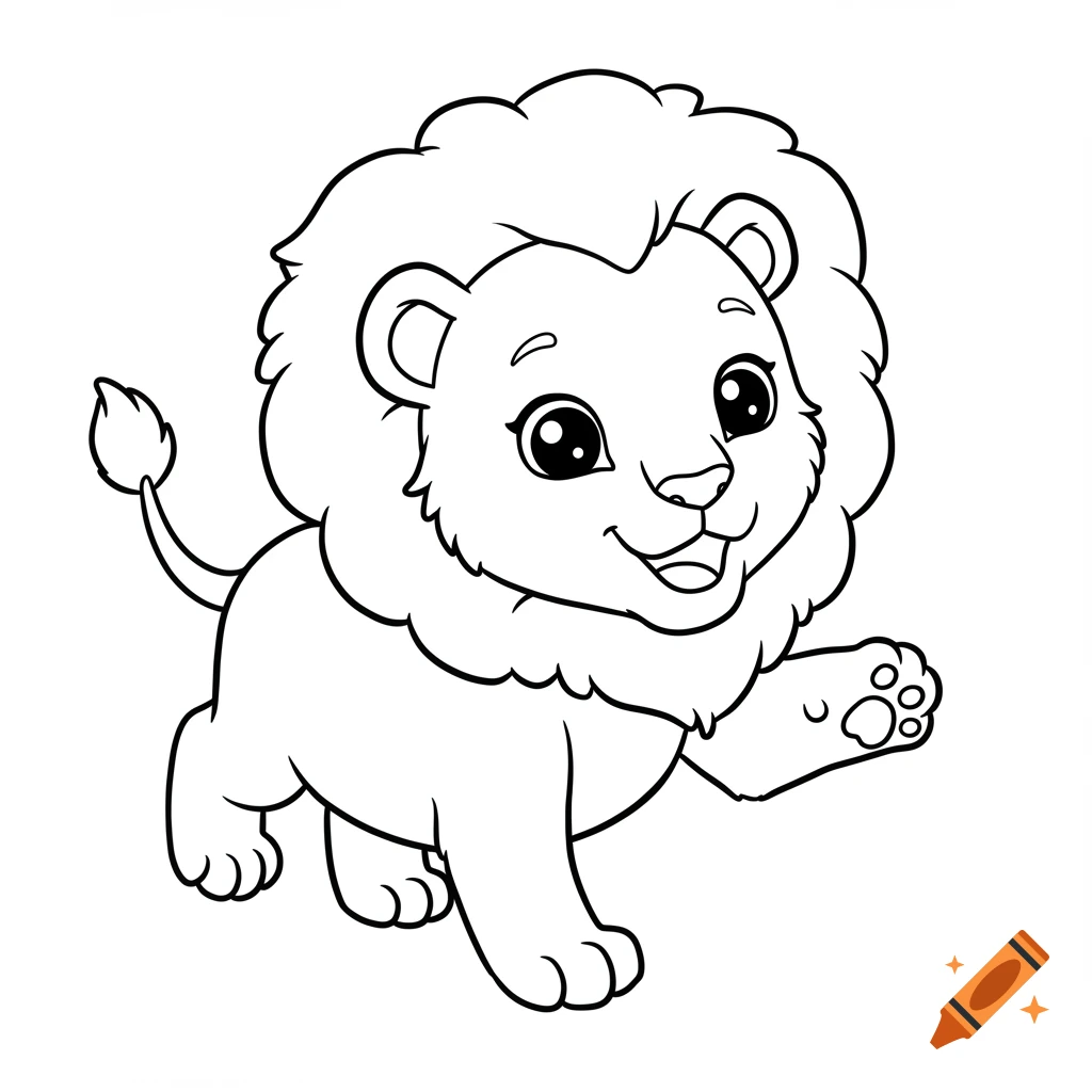 A cute cartoon lion cub, in black and white outline, designed for a ...