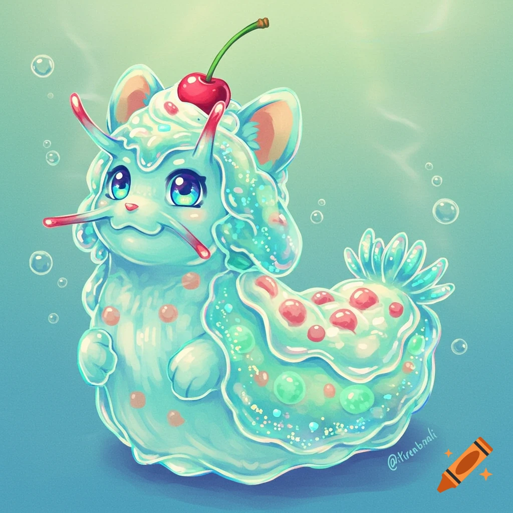 A cute, light blue, sea slug-like kemono character with a cherry on its ...