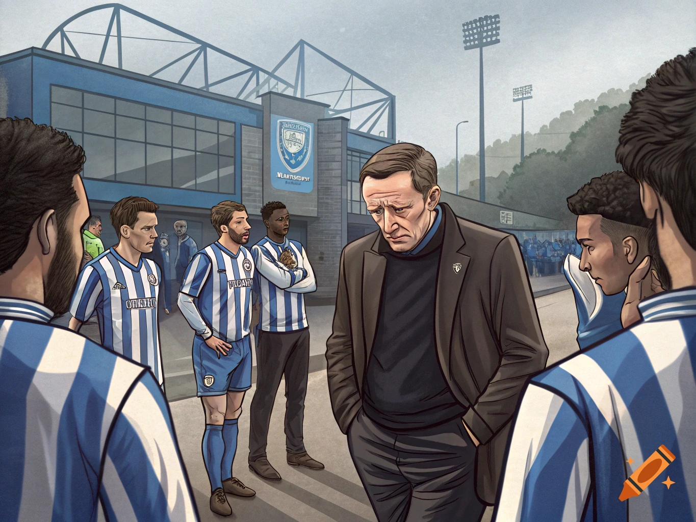 Illustrated scene of football players in blue and white stripes looking ...