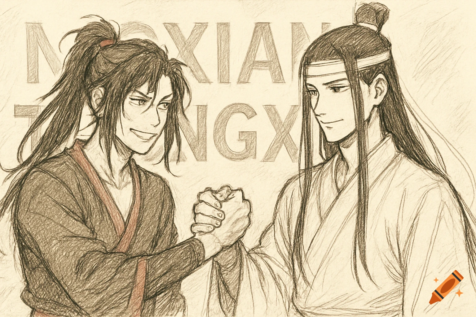 Anime sketch of two men, He Xuan and Lan Wangji, shaking hands with ...