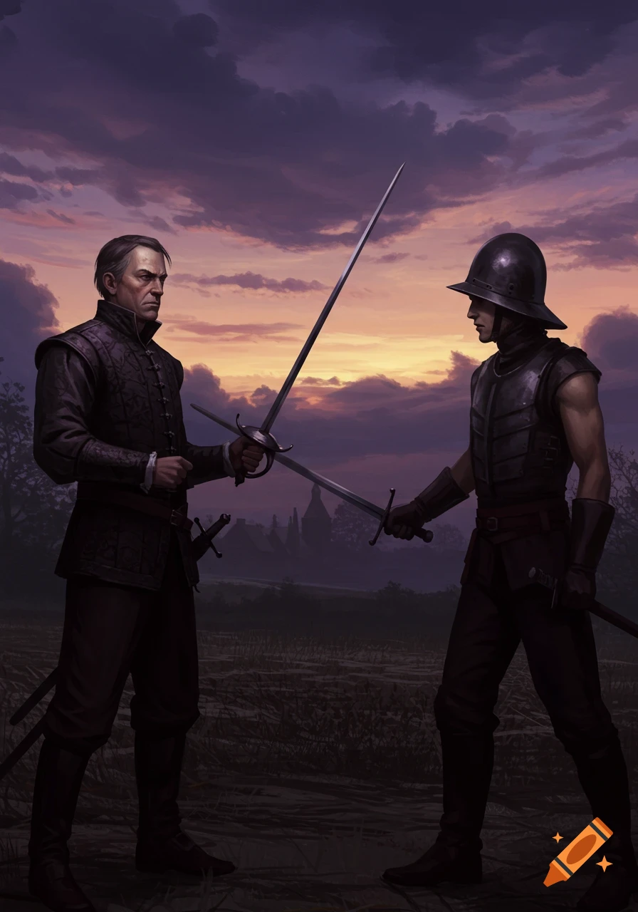 Two men, one in armor, stand with swords in a field under a dramatic ...