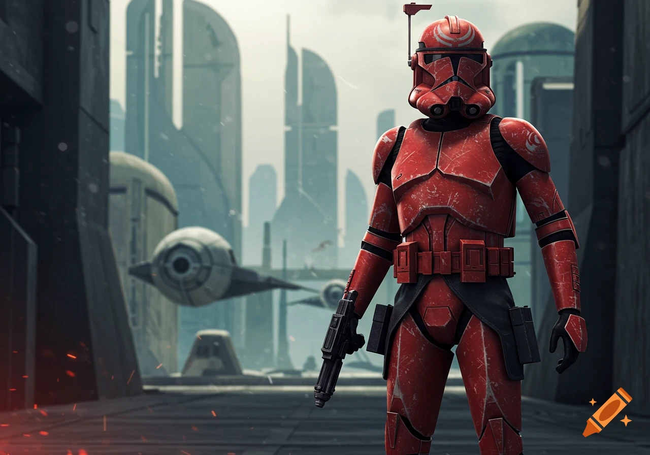A red clone arc trooper from Star Wars stands holding a blaster in a ...