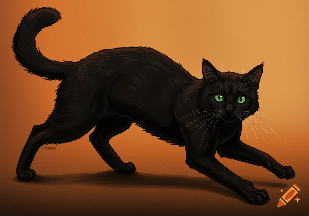 An illustration of a black cat with vibrant green eyes in a low ...