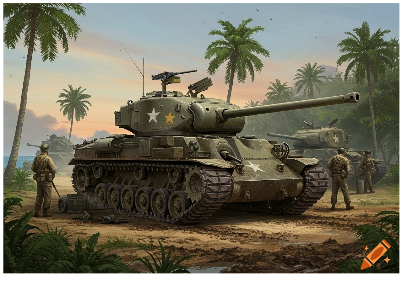 Illustration of T29 American heavy tanks with soldiers on a muddy ...