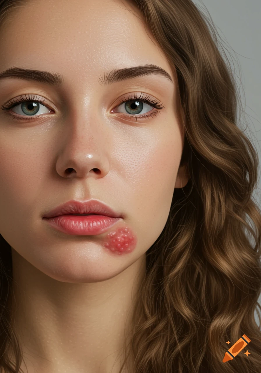 Close-up photorealistic portrait of a young woman with a cold sore on ...