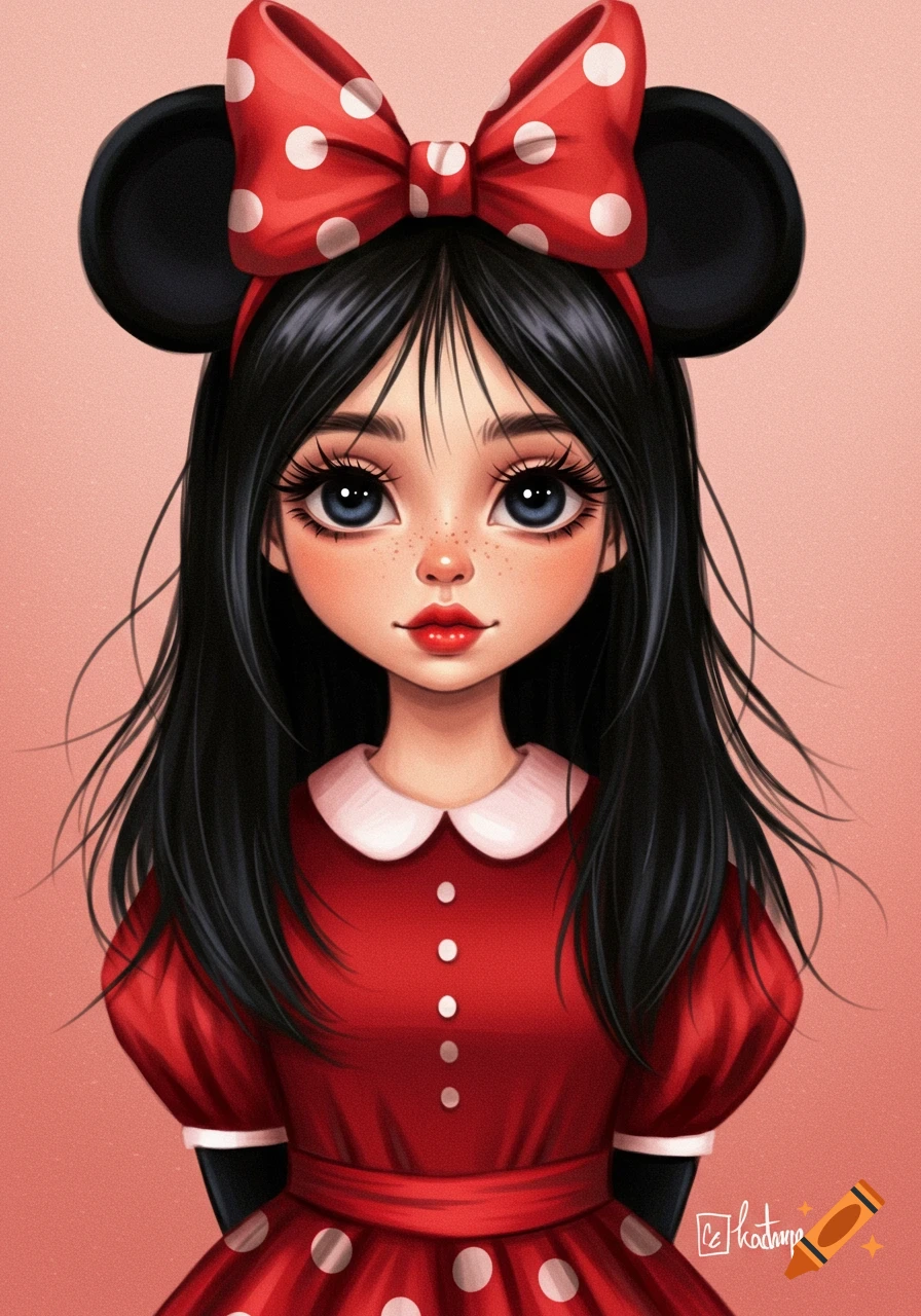 A humanized, cute cartoon girl resembling Minnie Mouse, wearing a red ...