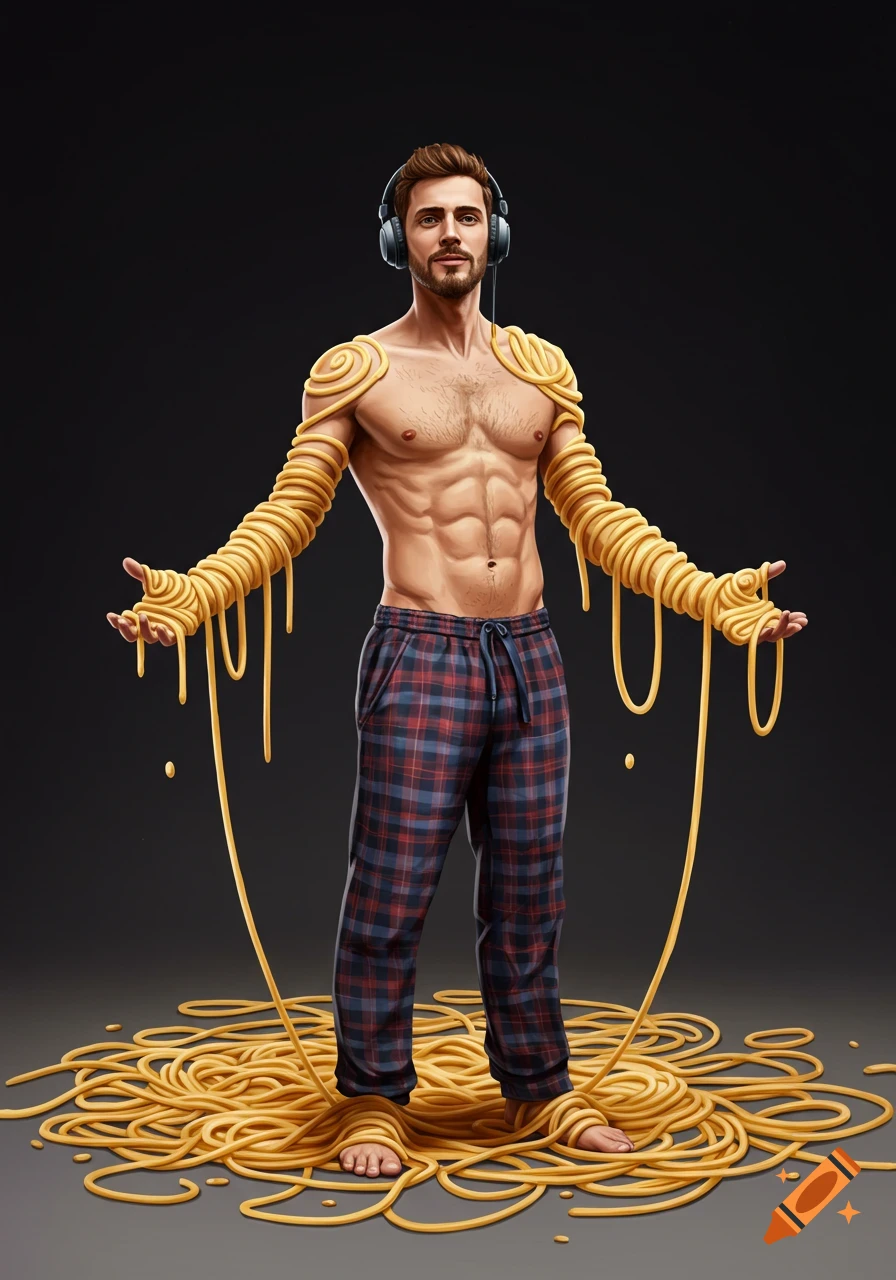 A man resembling a spaghetti sculpture, shirtless with headphones and plaid pants, stands ...