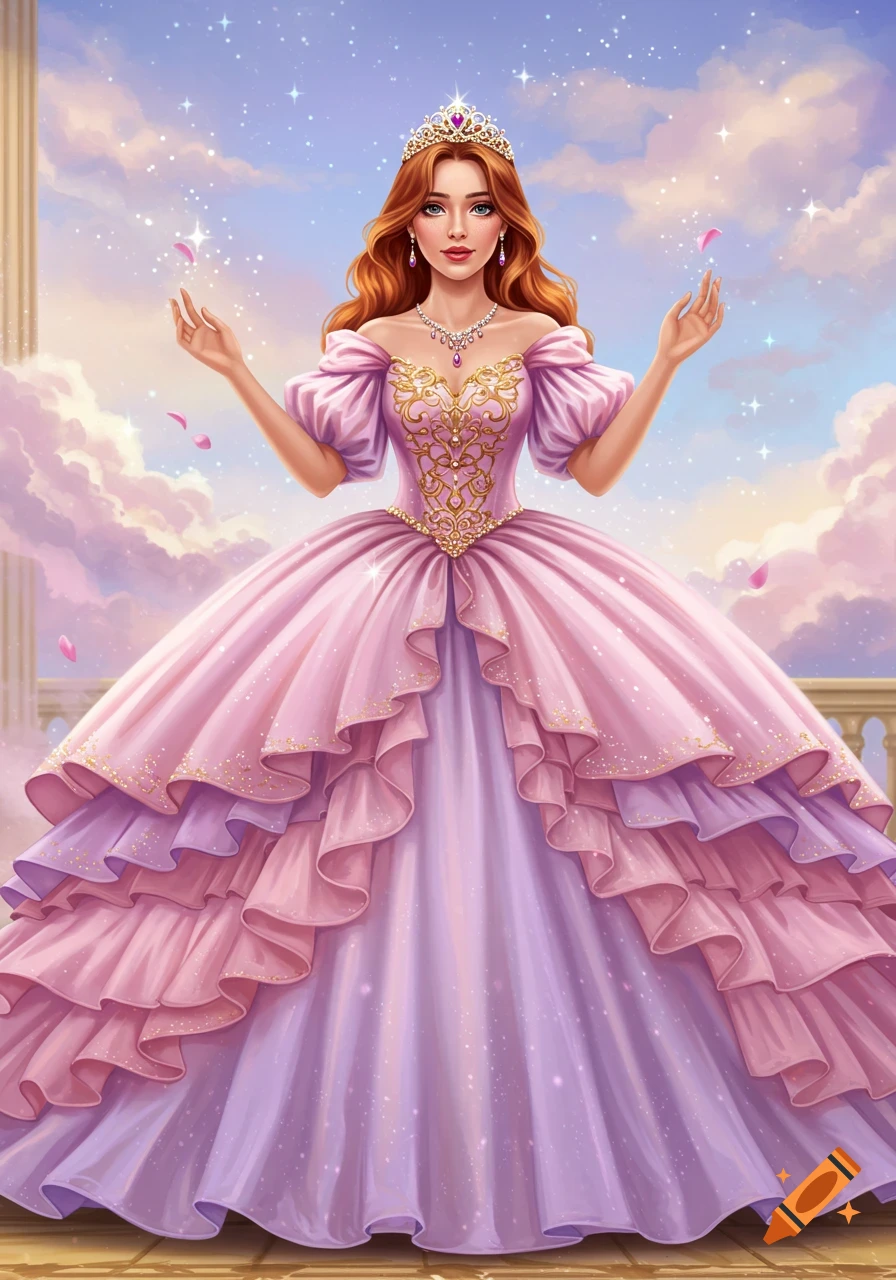 A red-haired princess in a massive pink and purple tiered gown stands ...