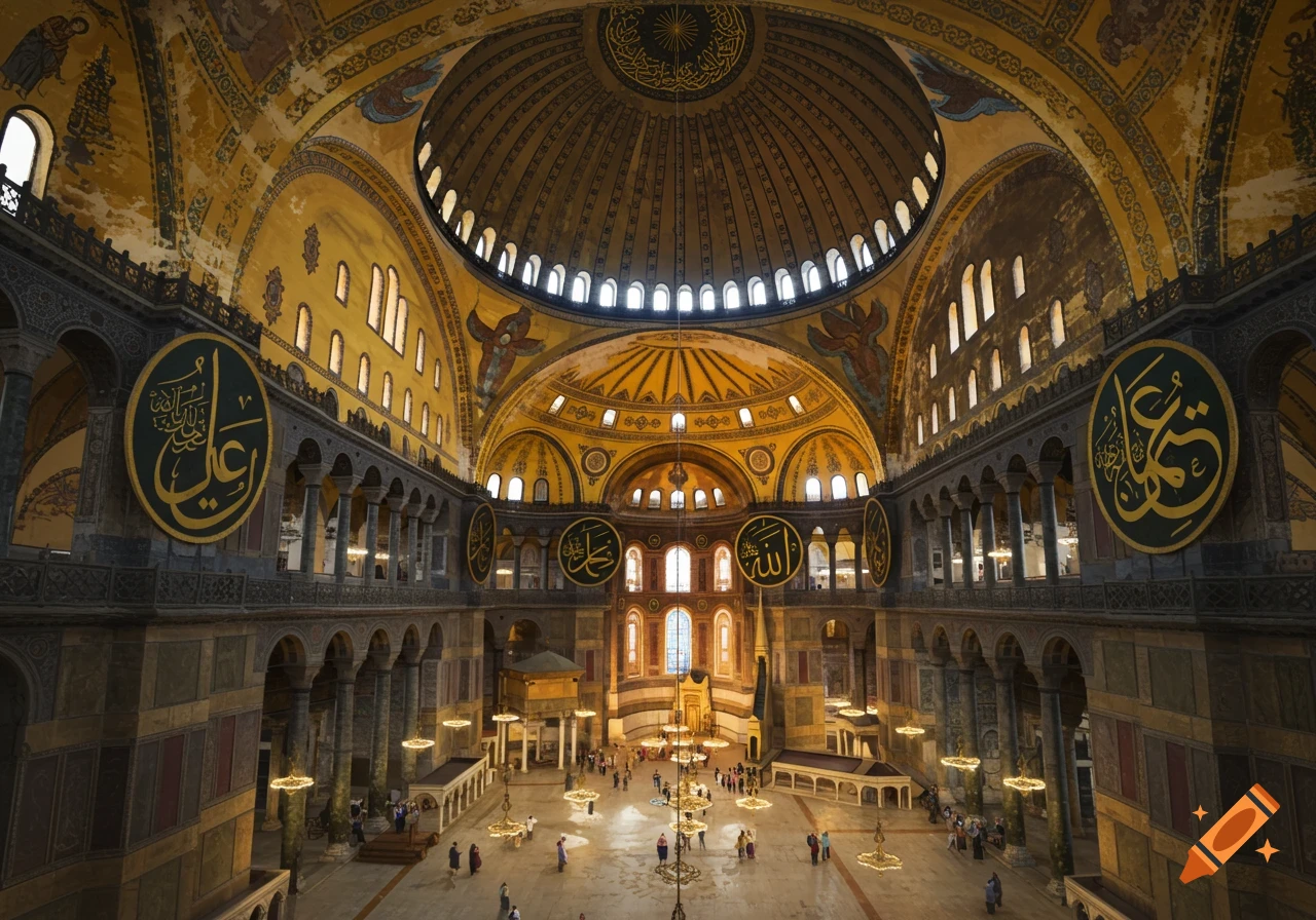 Grand interior of Hagia Sophia, featuring a vast dome, intricate golden mosaics, and large ...
