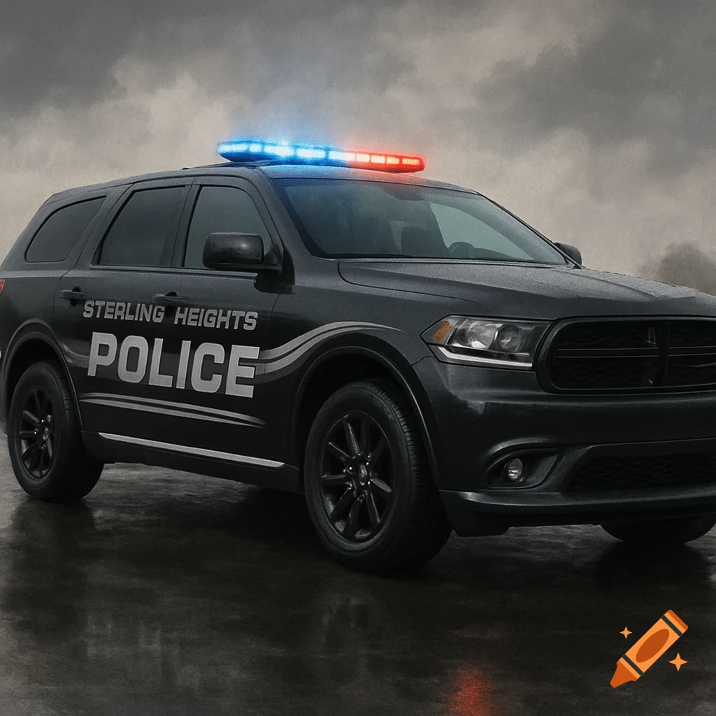A dark gray police SUV with red and blue lights on the roof, emblazoned ...