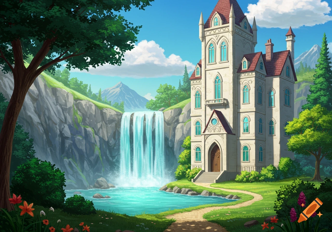 A beautiful fantasy landscape featuring a grand white castle next to a ...