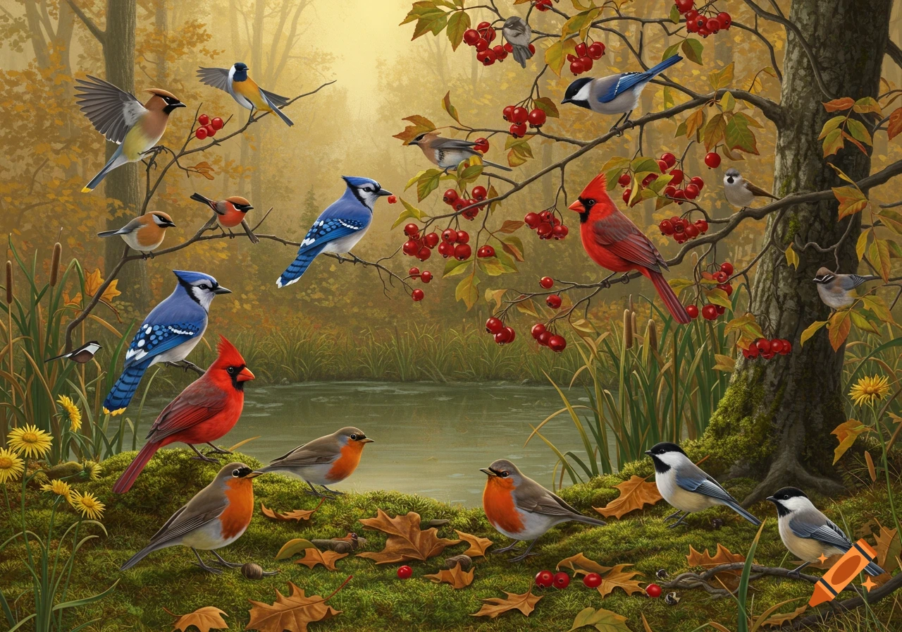 A colorful flock of North American birds, including cardinals, blue ...