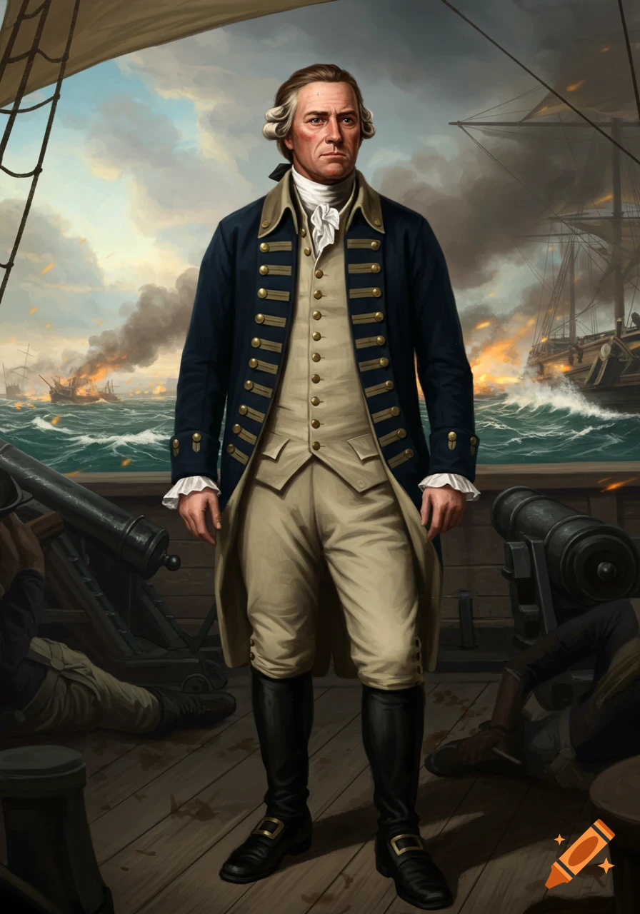 A full-body portrait of a historical naval captain in uniform standing ...