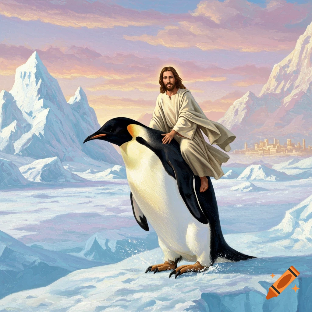 Jesus rides an emperor penguin across an icy landscape with mountains ...