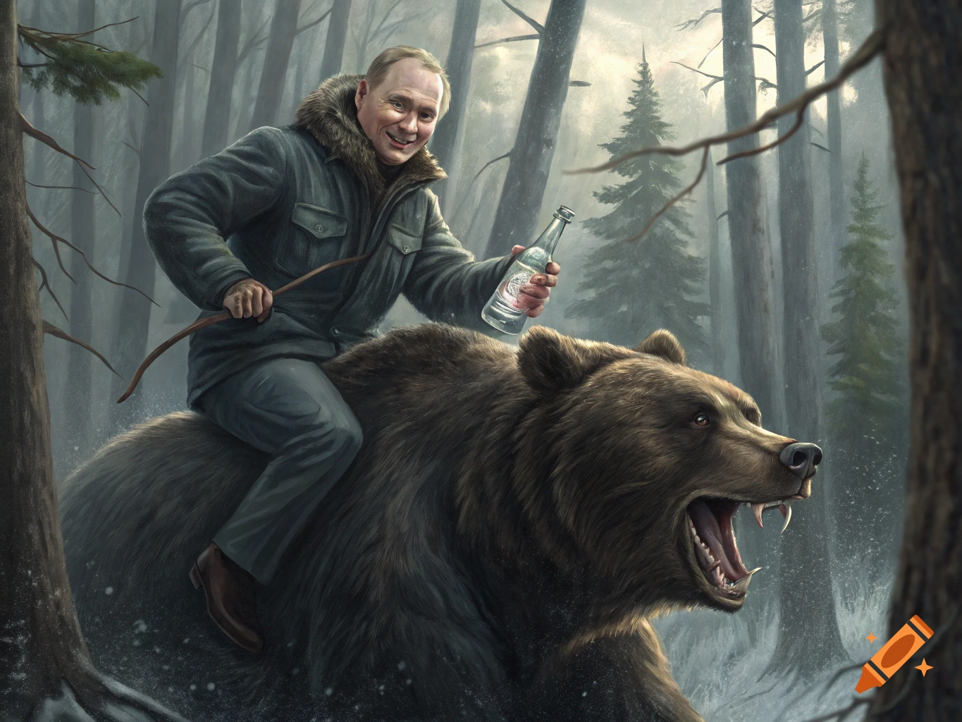 A smiling Vladimir Putin rides a brown bear through a snowy forest ...