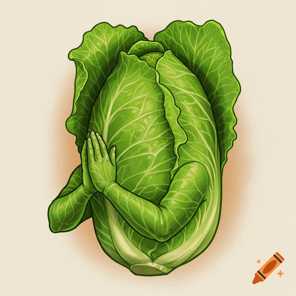 Illustrated green cabbage with human arms and praying hands in a tattoo ...