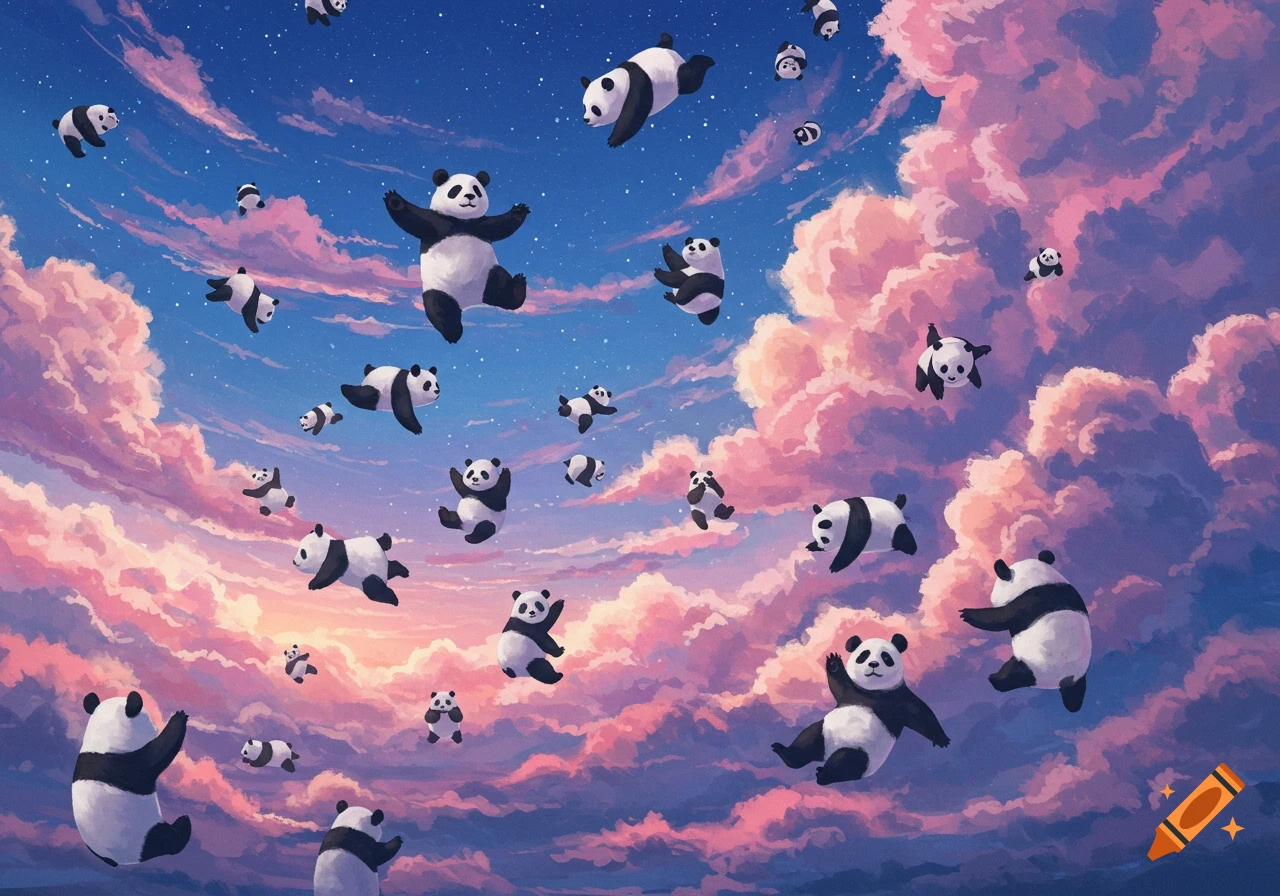 Illustrated image of numerous pandas floating and falling through a ...