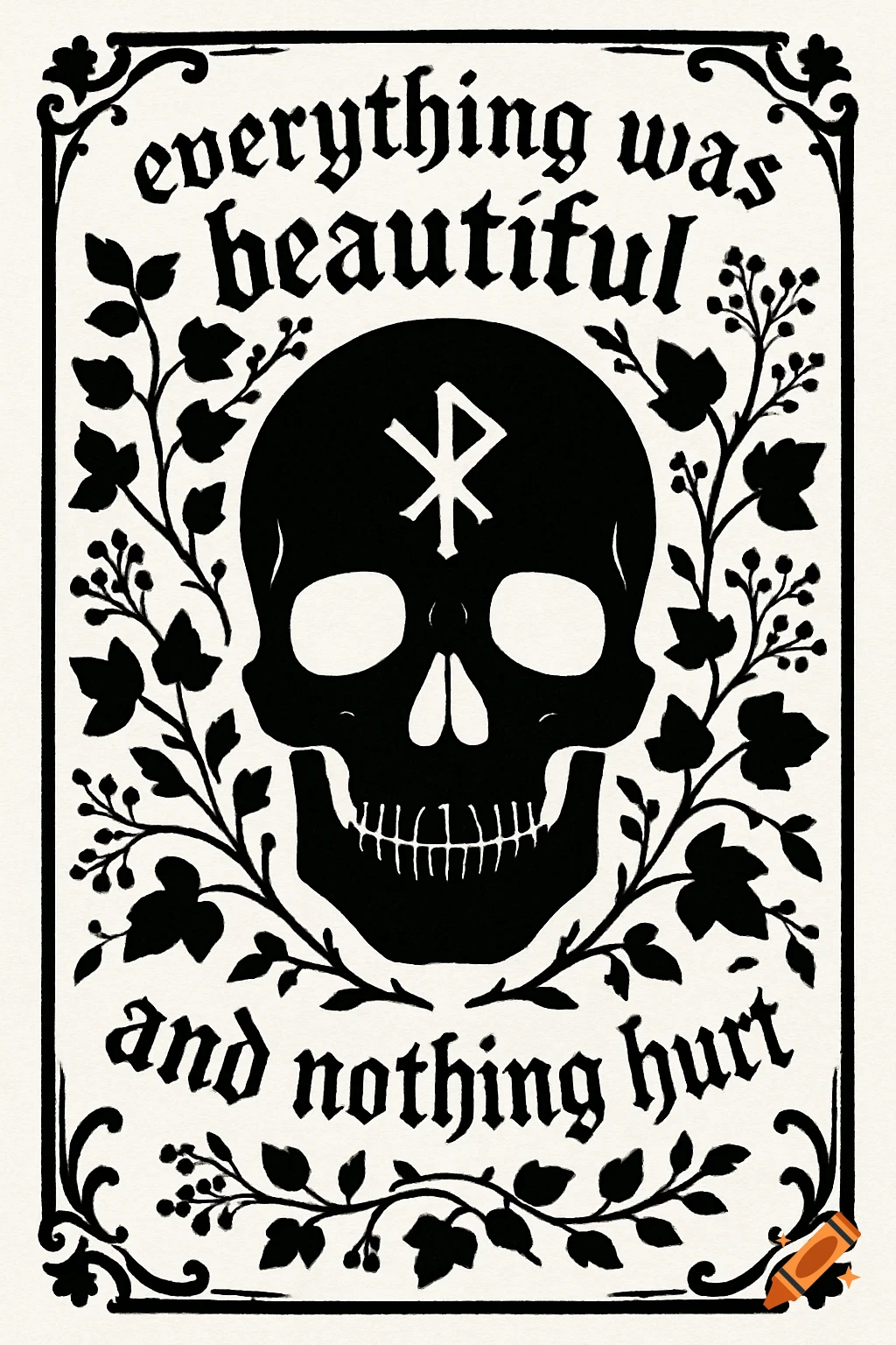 Black and white gothic illustration of a skull with a rune, surrounded ...