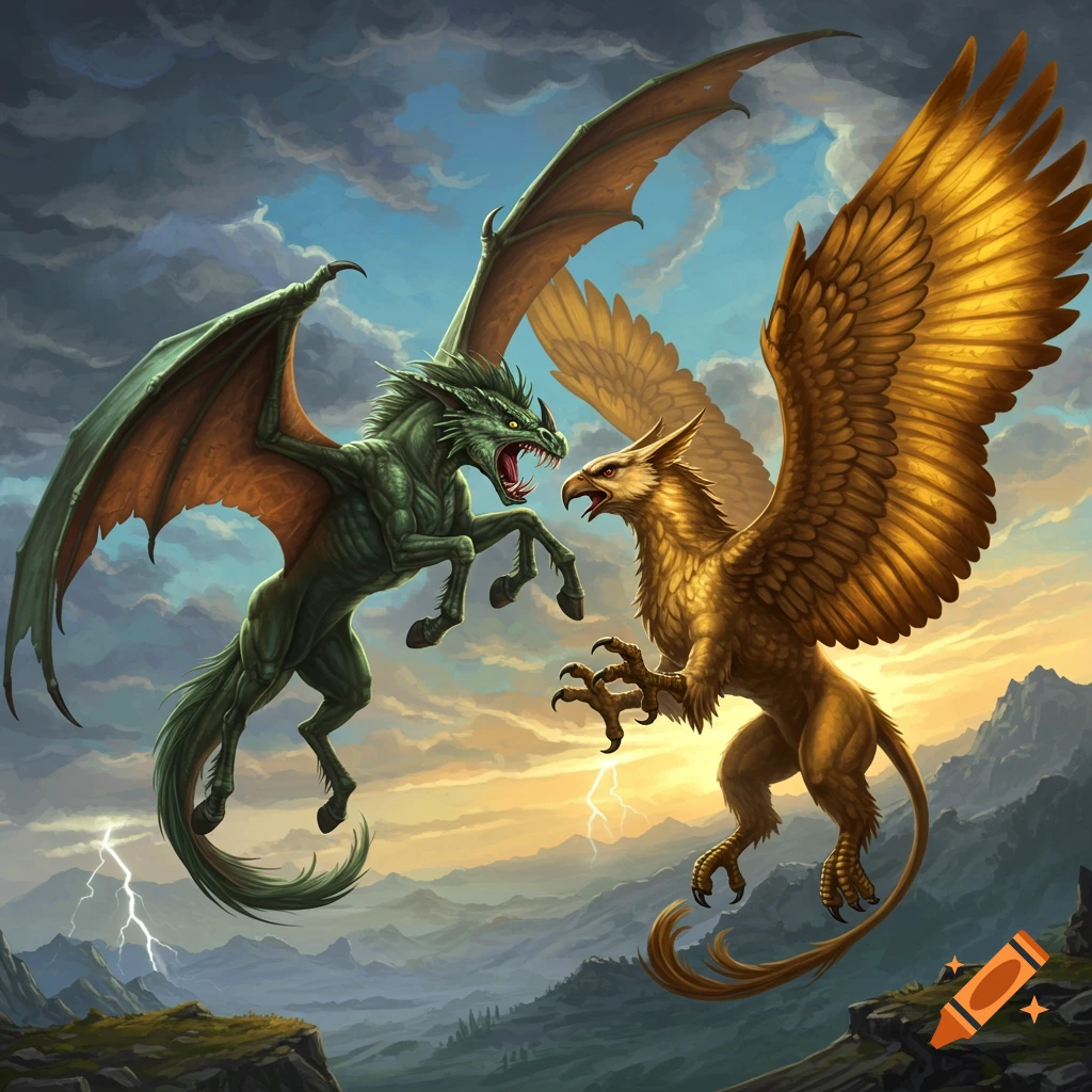 A green winged Snallygaster and a golden Gryphon battle in the stormy ...