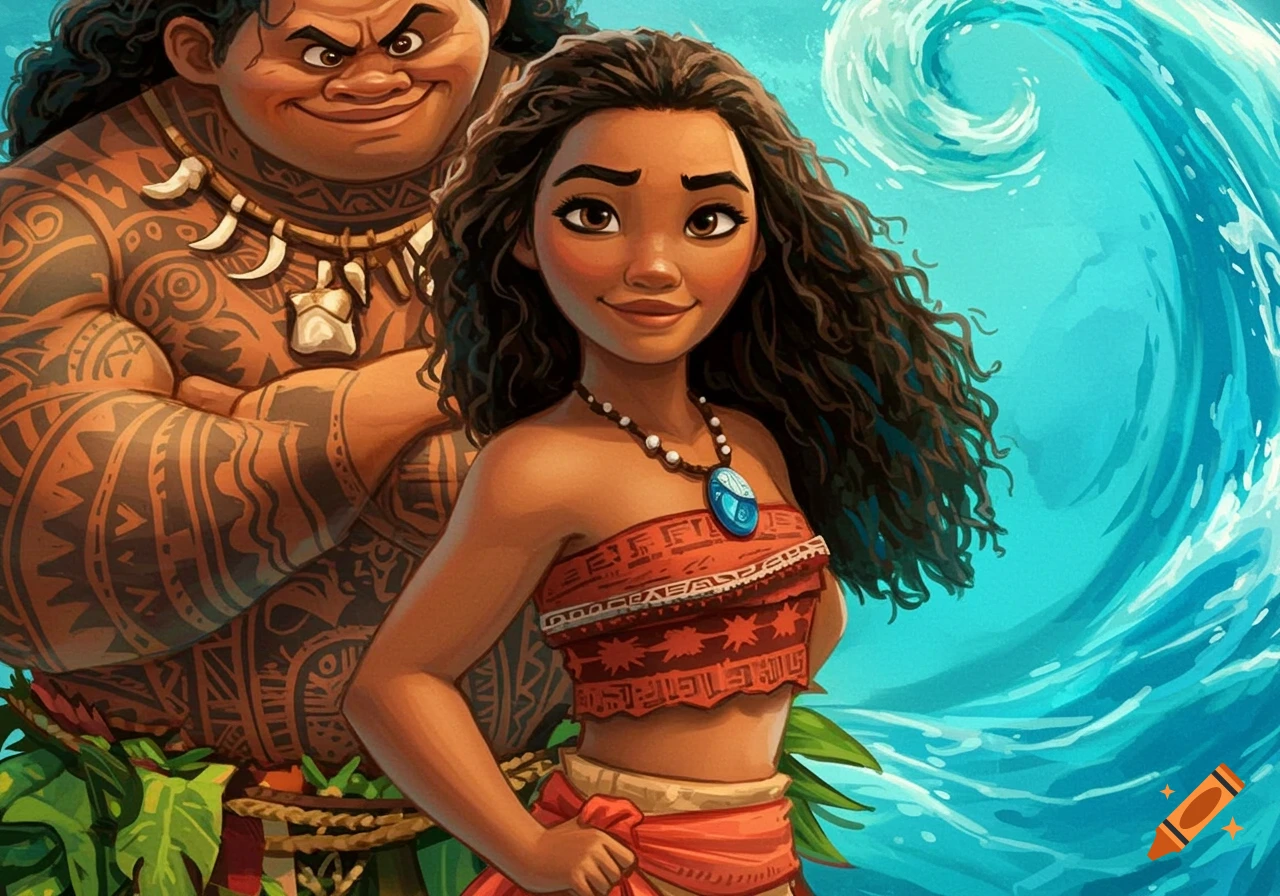 Animated depiction of Moana standing in front of Maui, with a large blue wave behind them. on ...