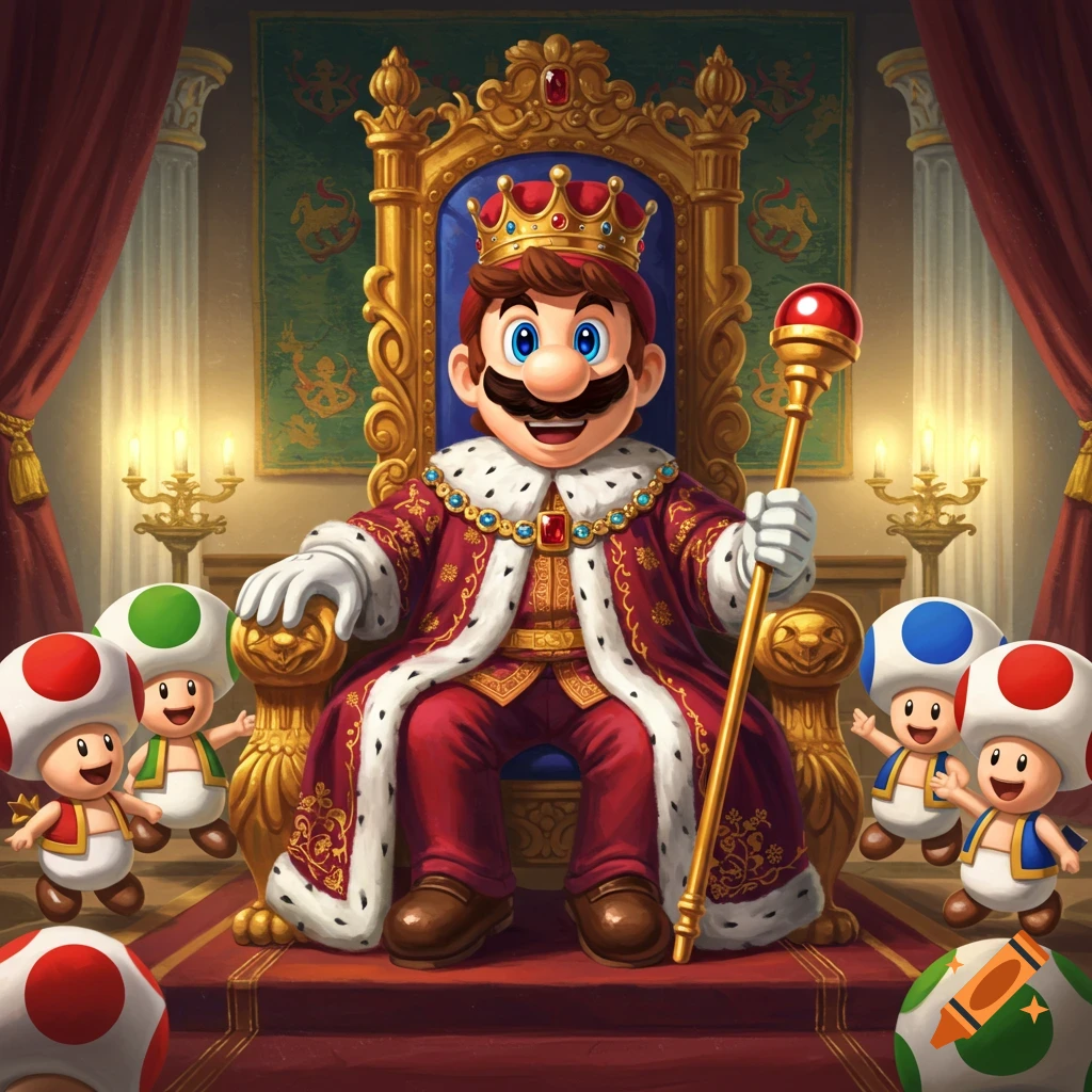 Mario dressed as a king in a regal red and gold robe and crown, sitting ...